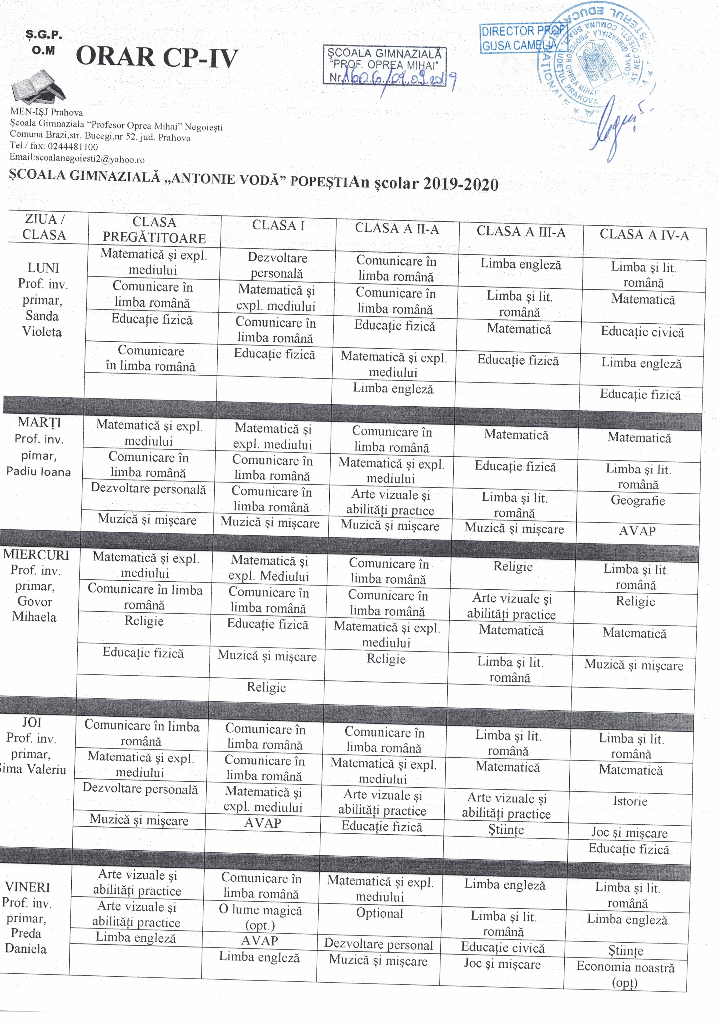 Scoala Antonie Voda Popesti - Orare